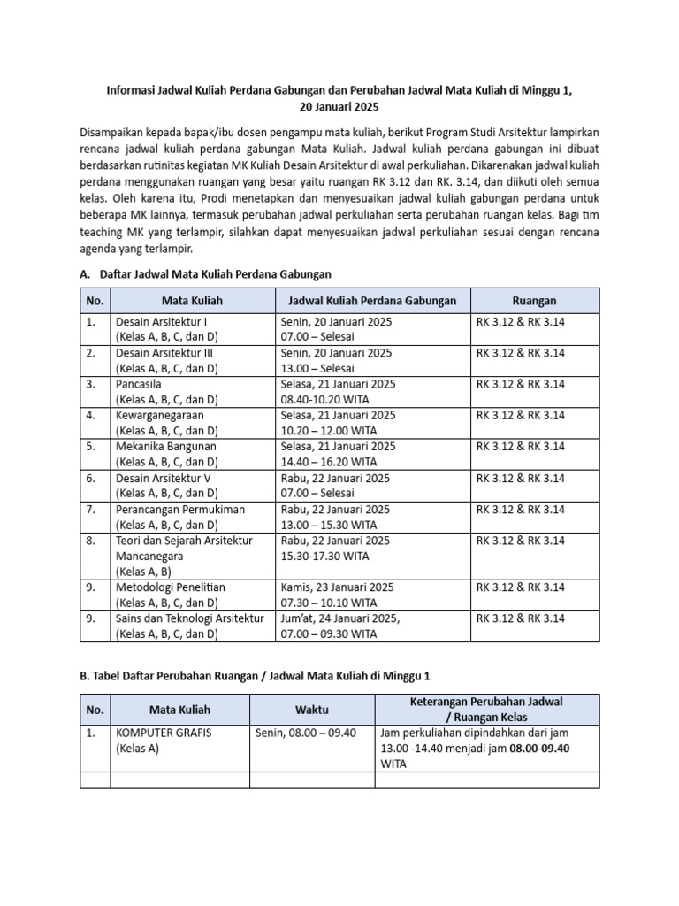 REVISI Jadwal Kuliah Perdana Gabungan Dan Perubahan Jadwal MK Minggu 1 Perkuliahan 20 Januari ...
