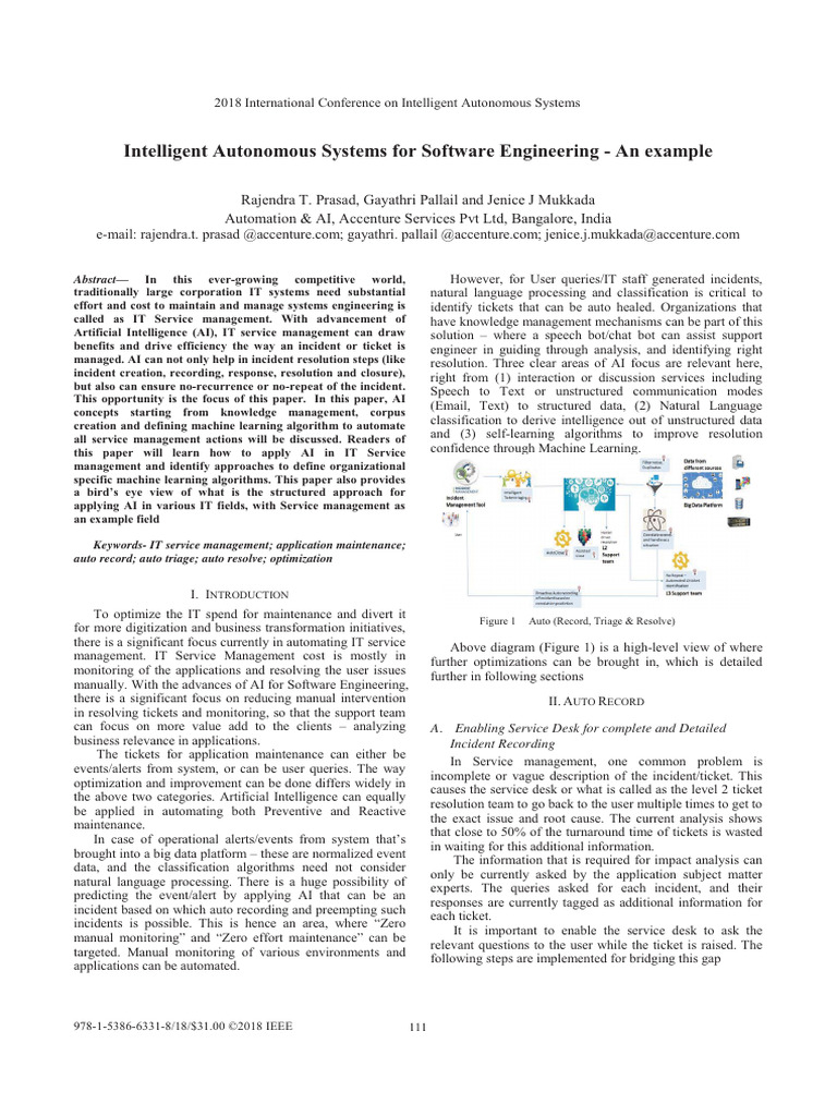 Prasad Et Al., 2018, Intelligent Autonomous Systems For Software Engineering - An Example | PDF ...