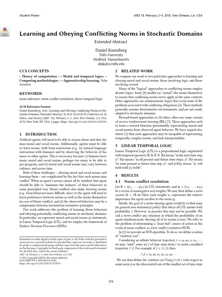 Kasenberg, 2018, Learning and Obeying Conflicting Norms in Stochastic ...