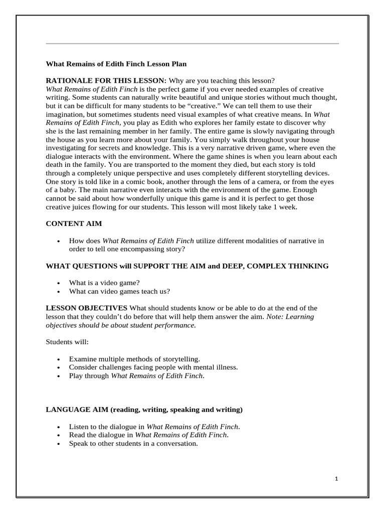 Spill - What Remains of Edith Finch - LESSON PLAN | PDF | Storytelling ...
