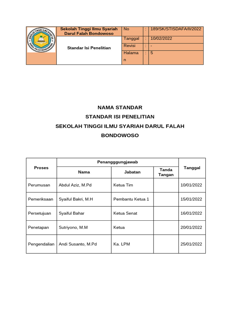 Standar Isi Penelitian STIS Darul Falah | PDF