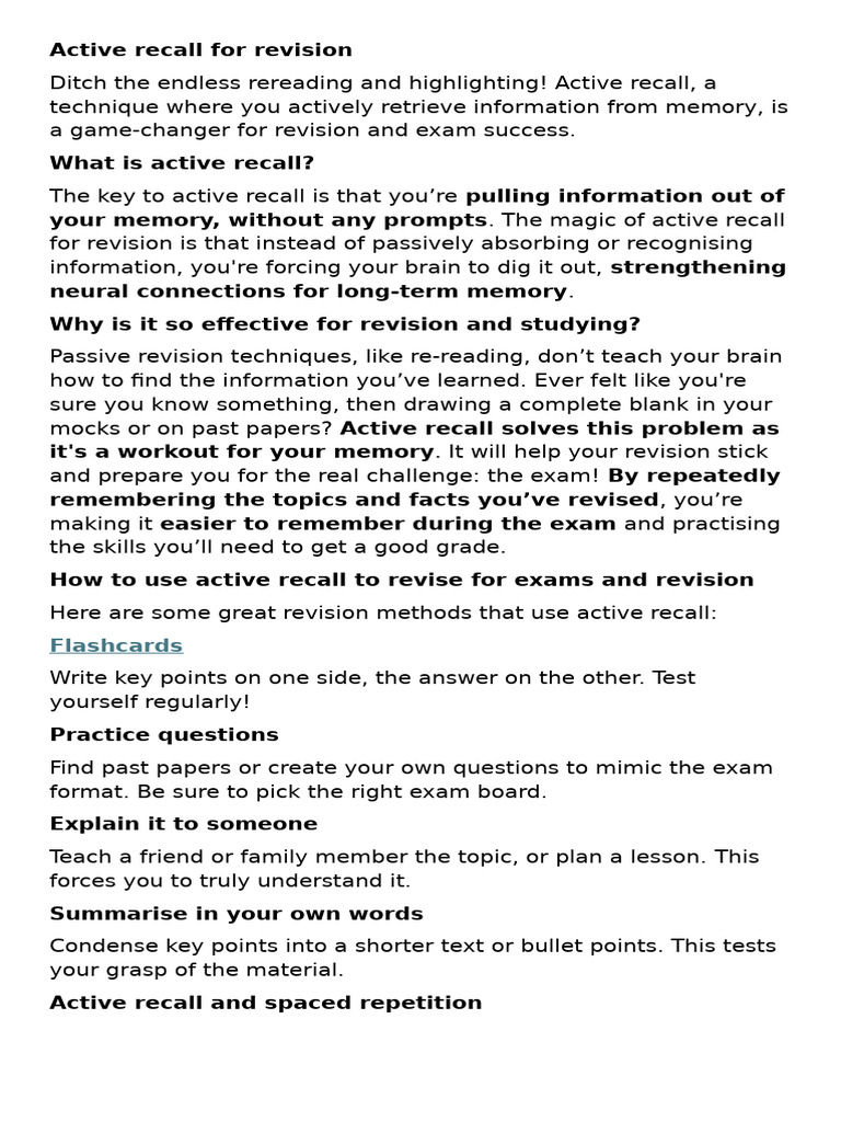 Active Recall Techniques for Exams | PDF | Recall (Memory) | Mental Processes