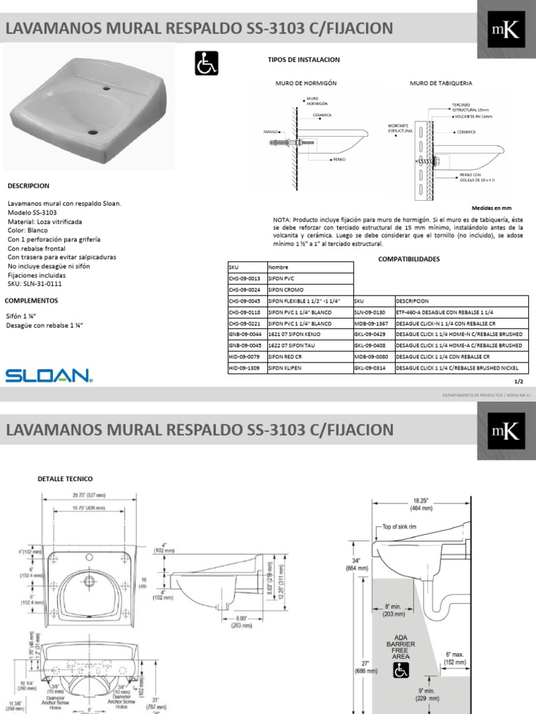 Lavamanos Mural Respaldo SS-3103 C-Fijacion | PDF | Materiales de construcción | Materiales