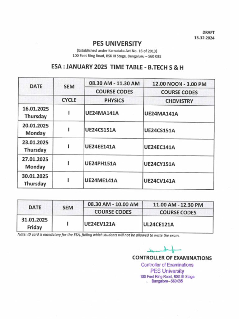 B.Tech I Sem ESA Jan 2025 Draft Time Table | PDF