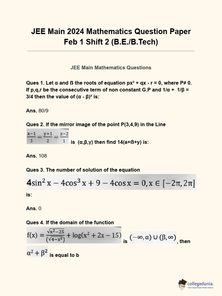 JEE Main 2024 Mathematics Question Paper Feb 1 Shift 2 ...