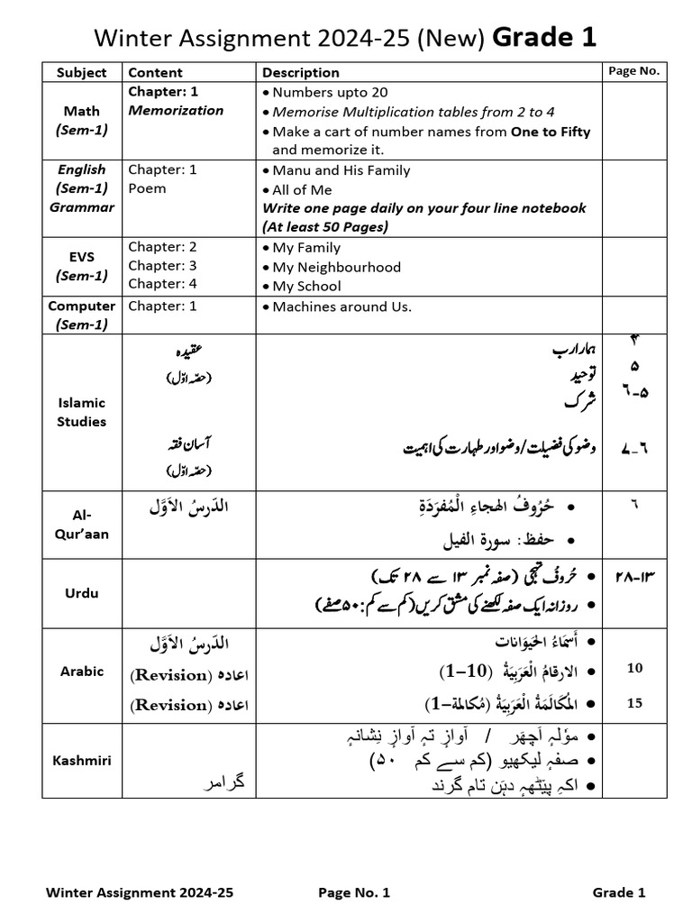 Grade 1 Winter Assignment 2024-25 New | PDF