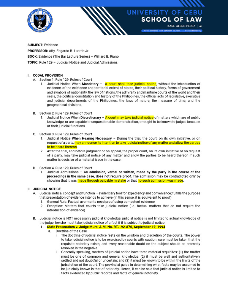 03 Evidence - Judicial Notice and Admissions | PDF | Judicial Notice ...