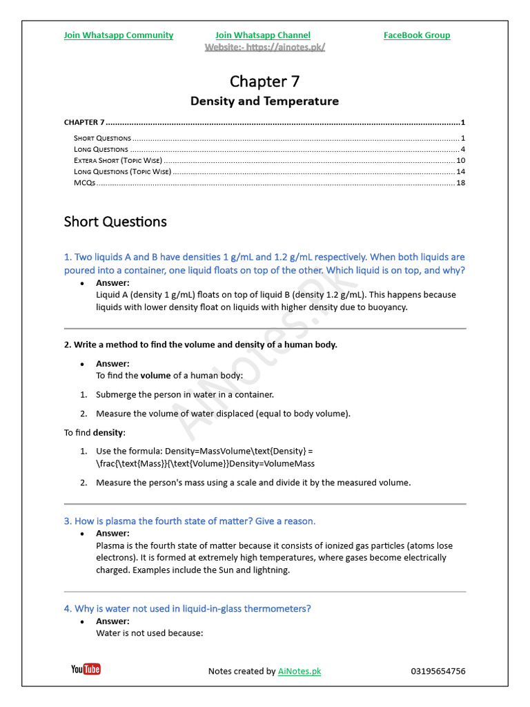 Chapter 7 (Density and Temperature) Class 9 Physics FBSIE 2025 | PDF ...