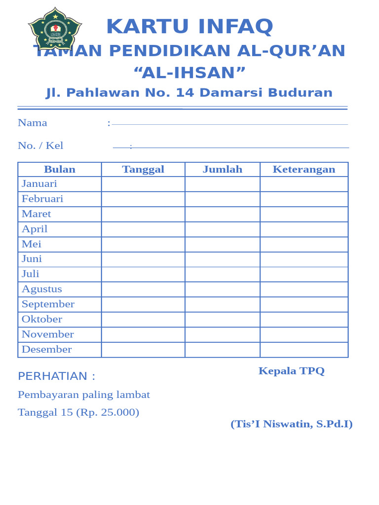Kartu Infaq TPQ Al-Ihsan Buduran | PDF