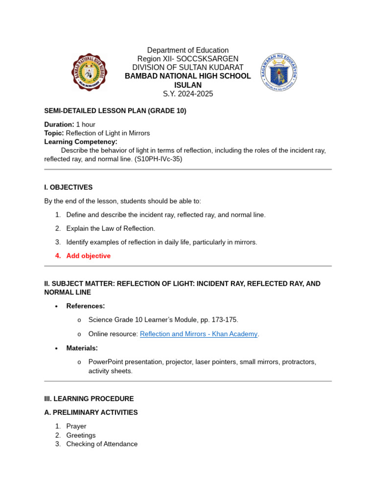 LESSON PLAN | PDF | Mirror | Reflection (Physics)