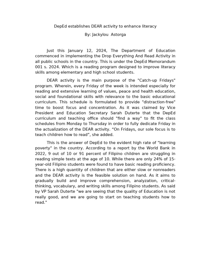 DepEd Establishes DEAR Activity To Enhance Literacy | PDF