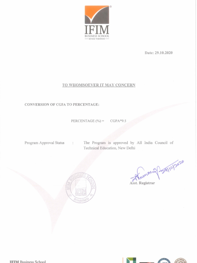 IFIM - CGPA To Percentage Conversion Certificate | PDF