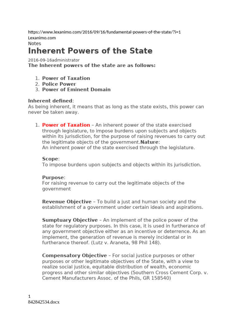 Inherent Powers of The State CONSTI REV 2 | PDF | Property | Eminent Domain