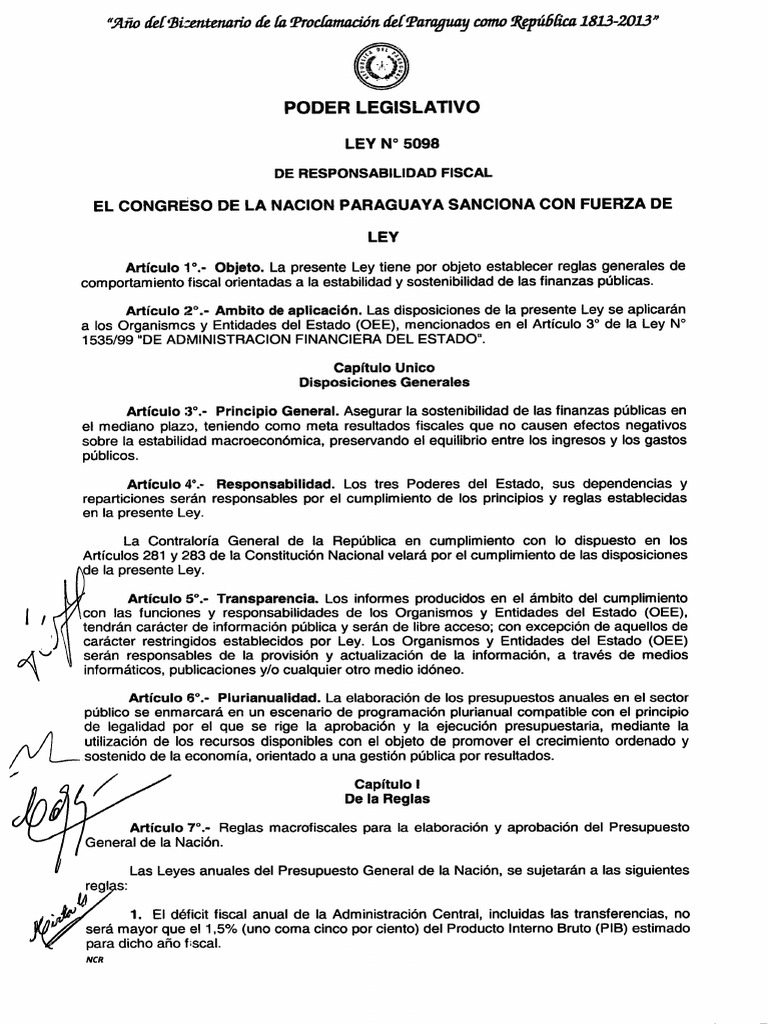 Ley N° 5098 de Responsabilidad Fiscal | PDF | Presupuesto | Balance ...