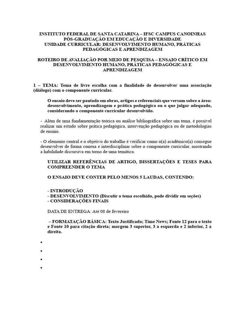 Roteiro Atividade Avaliativo em Formato de Ensaio - Desenvolvimento, Aprendizagem e Pratica ...