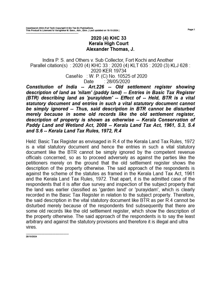 2024 4 KHC 33 Indira P S Vs RDO regarding the entries in settlement register WP 23869 of 2021 ...