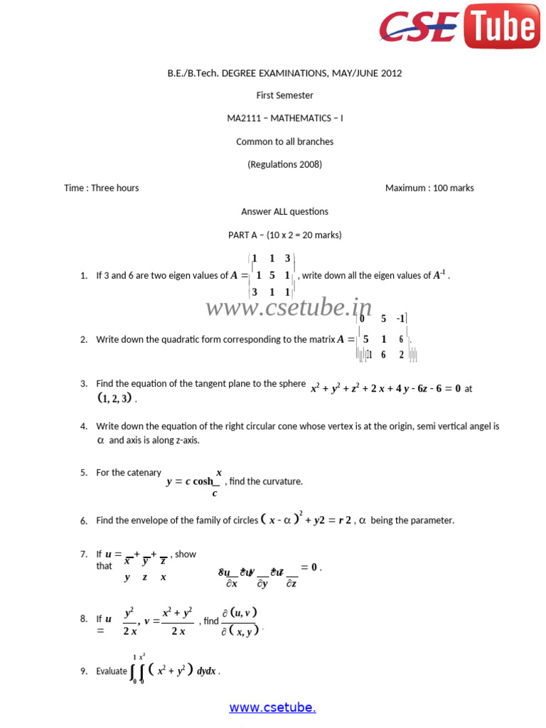 m1 r08 Mayjune 12 Cse Tube | PDF | Sphere | Eigenvalues And Eigenvectors