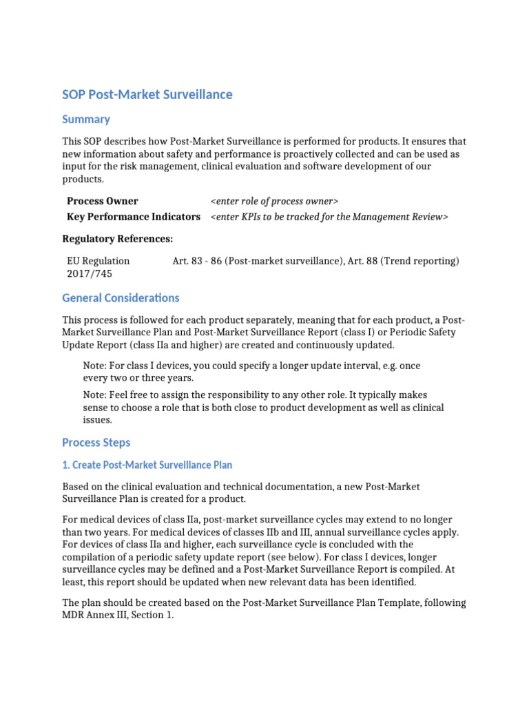 Sop Post Market Surveillance | PDF | Medical Device | Risk Management
