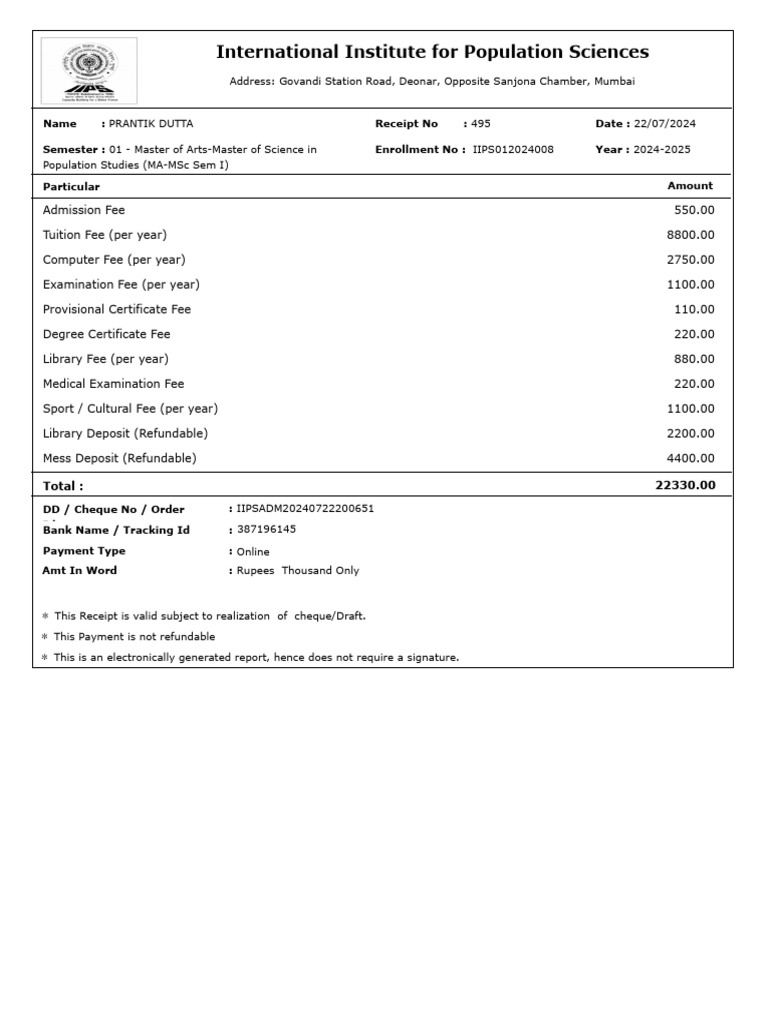 IIPS Admission Fee Receipt 2024-2025 | PDF
