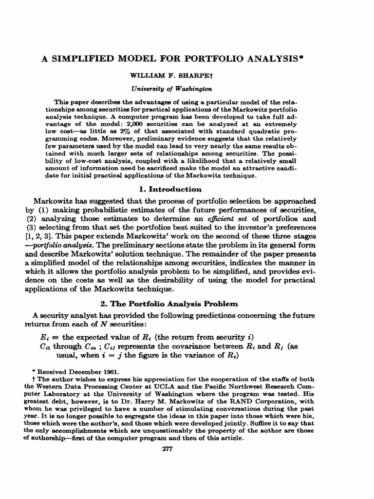 A Simplified Model For Portfolio Analysis, William Sharpe | PDF
