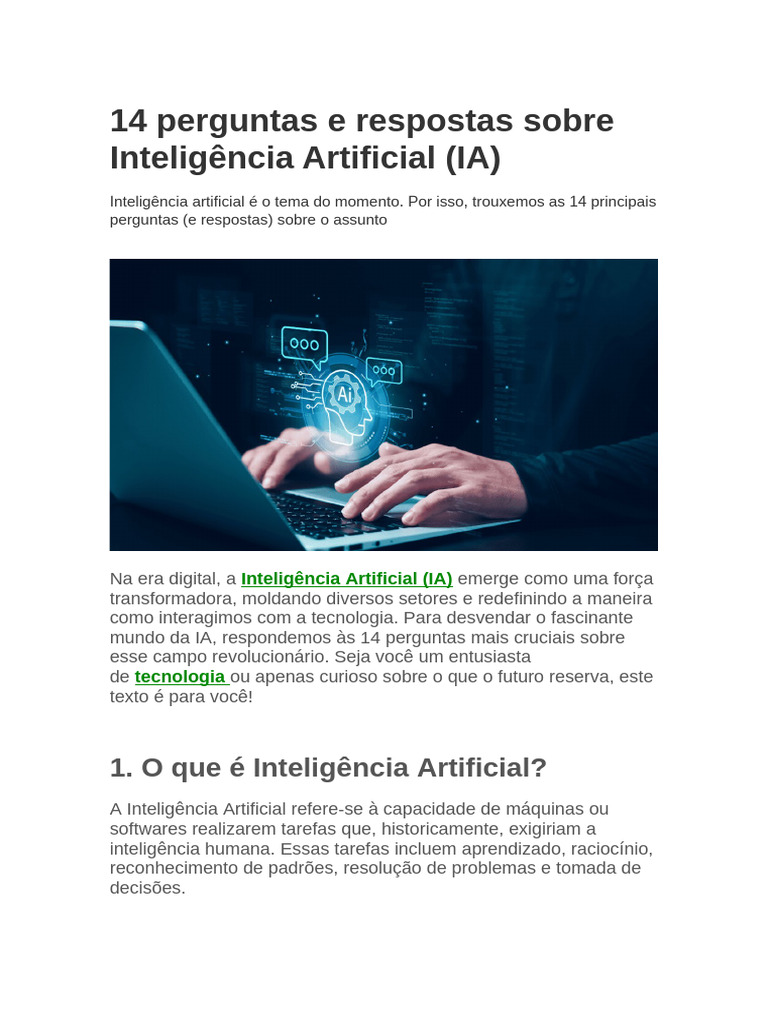 14 Perguntas e Respostas Sobre Inteligência Artificial | PDF ...