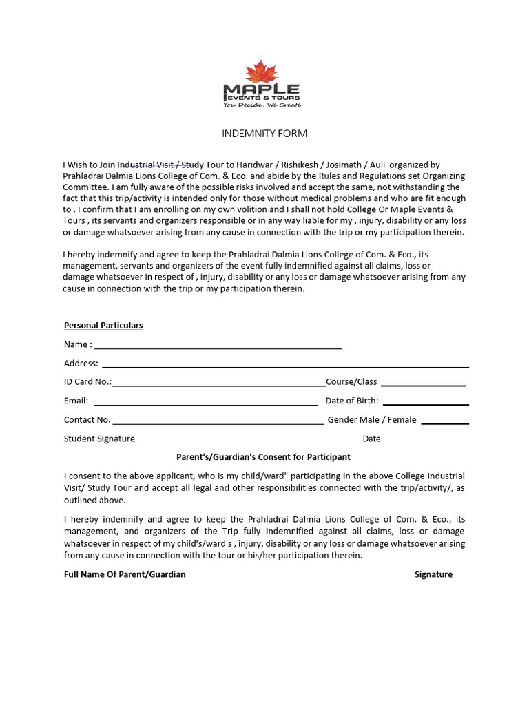Indemnity Form for College Trip | PDF