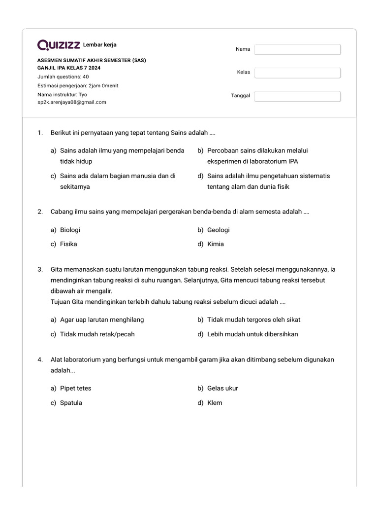 ASESMEN SUMATIF AKHIR SEMESTER (SAS) GANJIL IPA KELAS 7 2024 - Quizizz | PDF