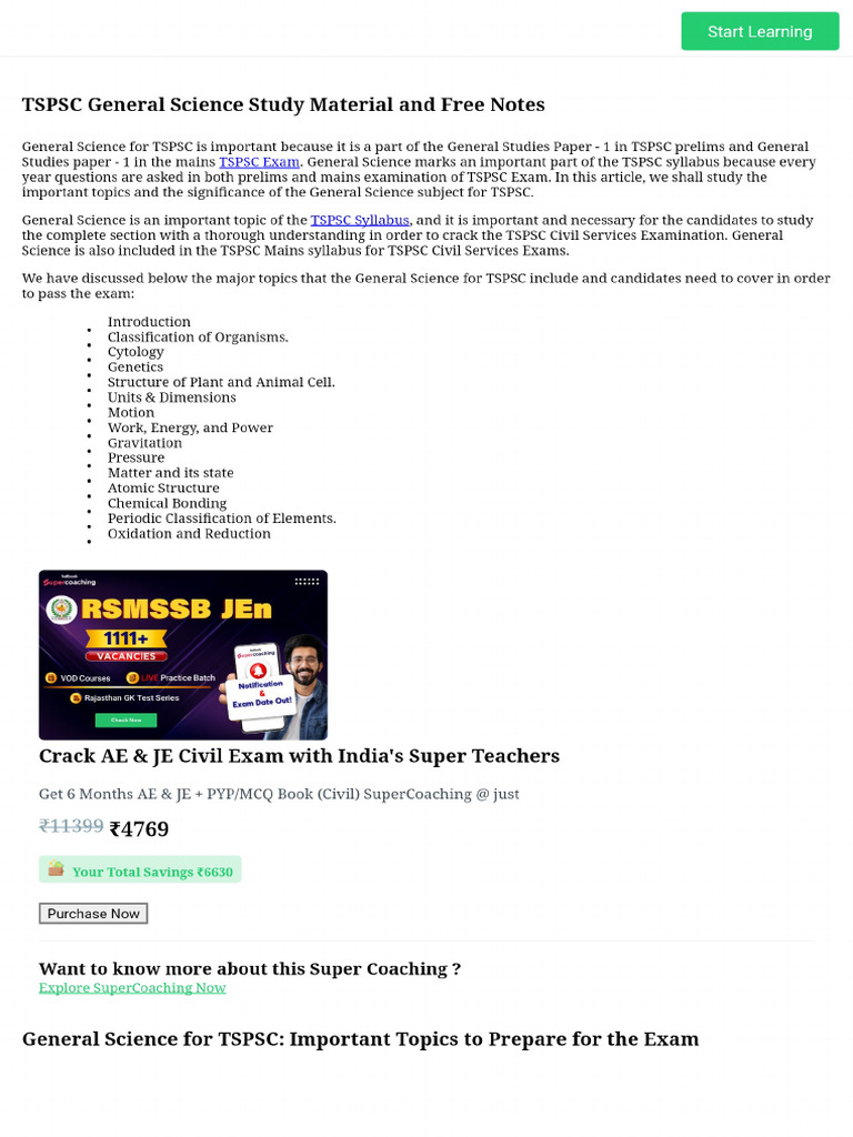 TSPSC General Science Study Material Notes, Download PDF | PDF