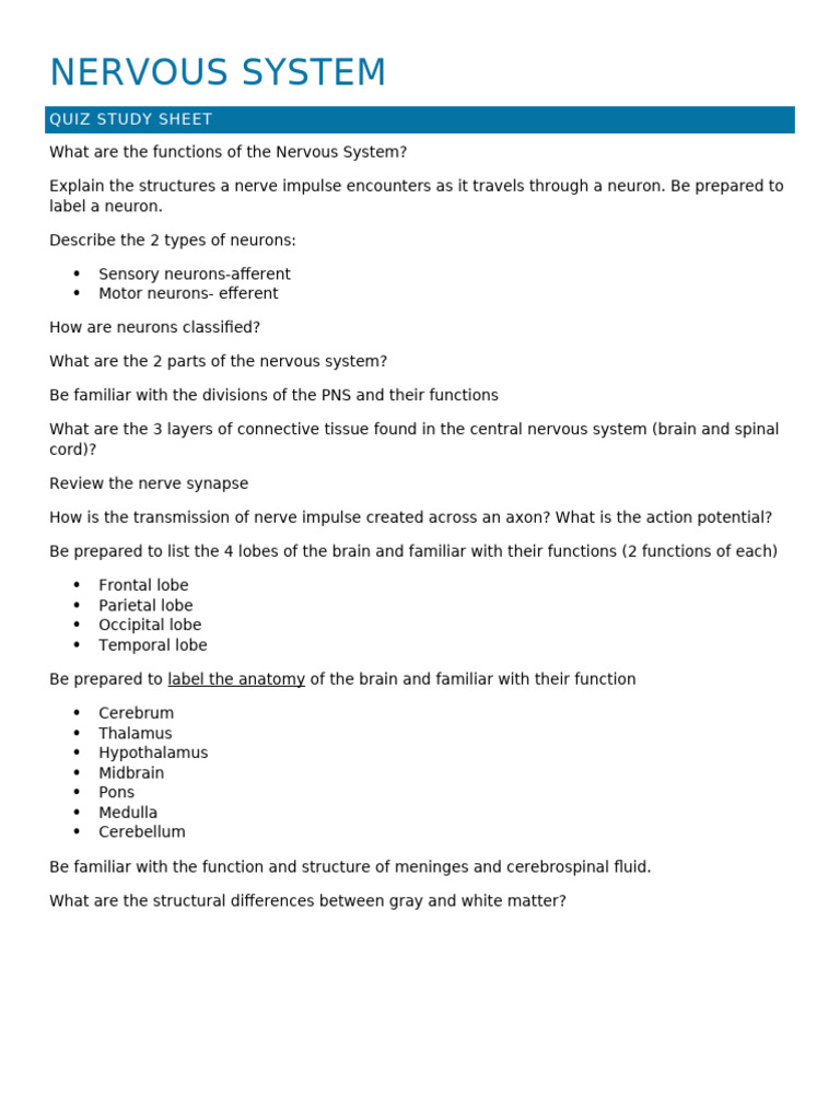 Nervous System Quiz Study Guide | PDF