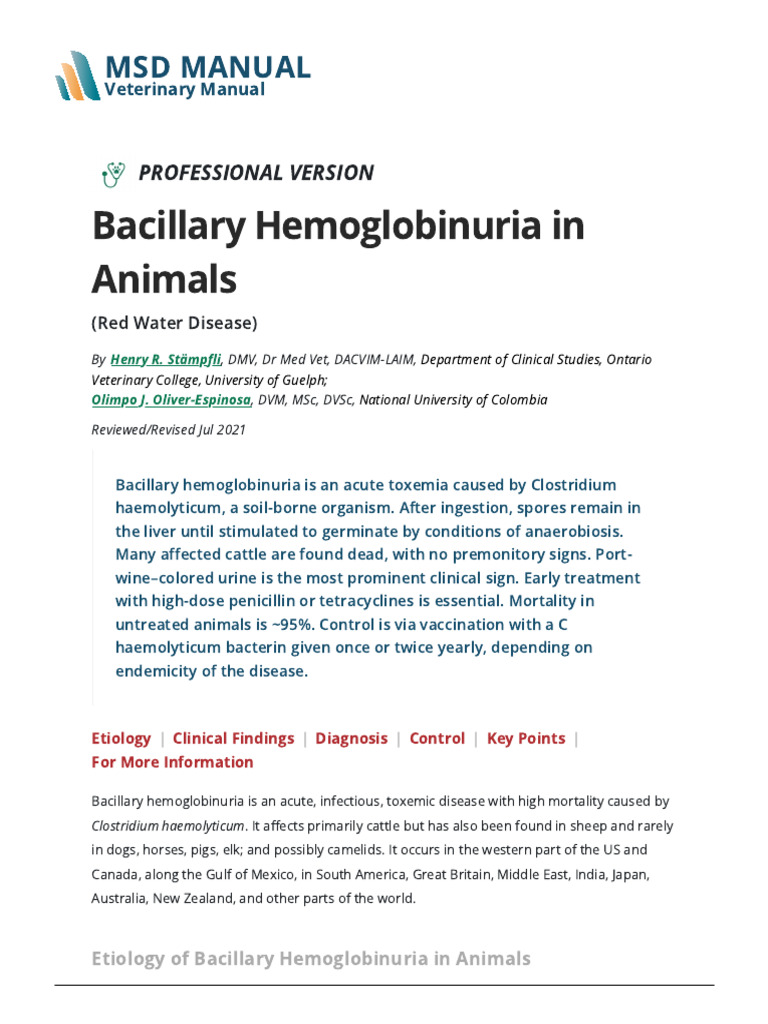 Bacillary Hemoglobinuria in Animals - Infectious Diseases - MSD ...