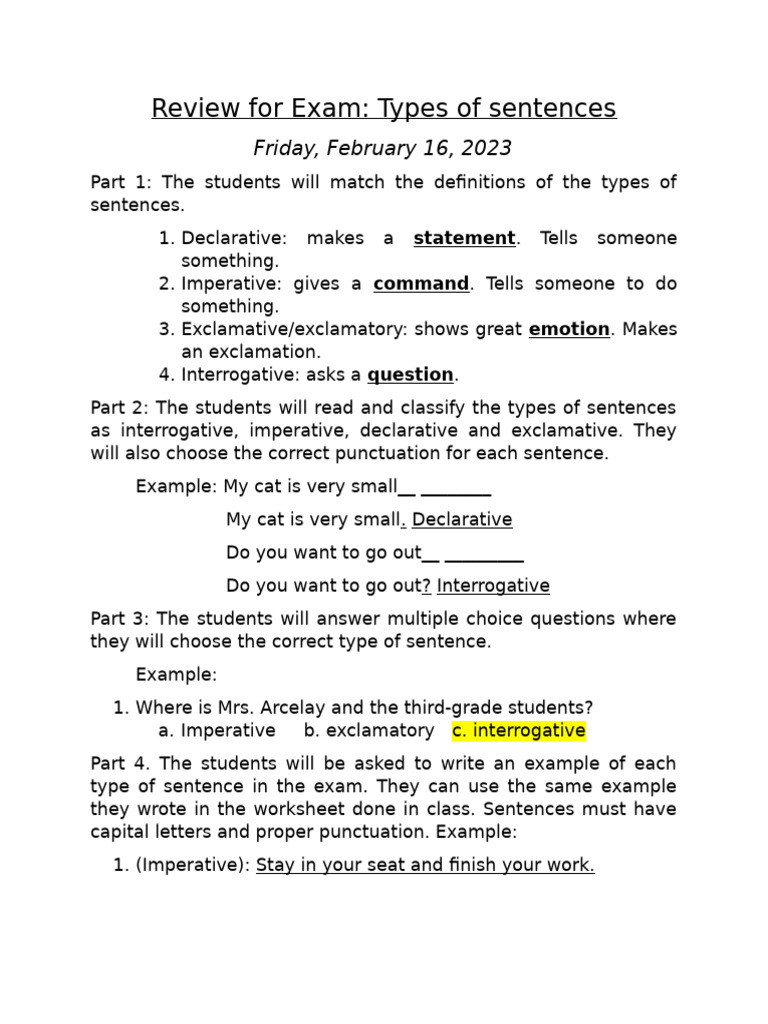 Types of Sentences Exam Review Guide | PDF
