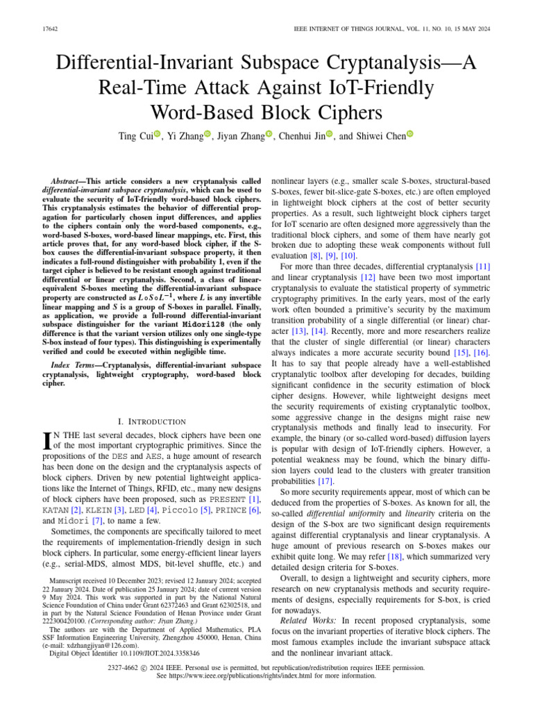 Differential-Invariant Subspace Cryptanalysis-A Real-Time Attack Against IoT-Friendly Word-Based ...