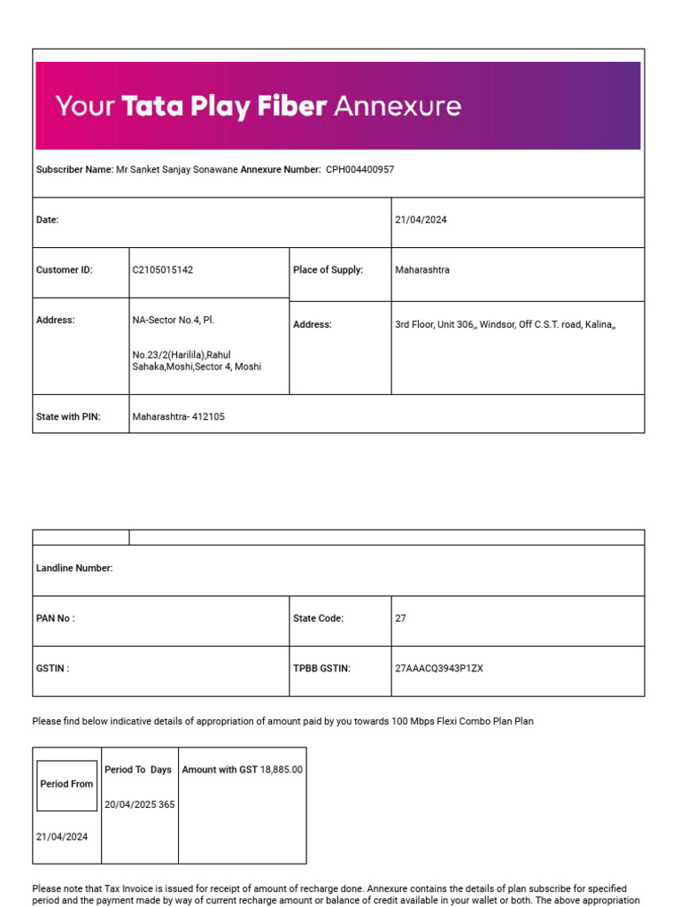 Tata Fiber Bill Summary for 2024 | PDF