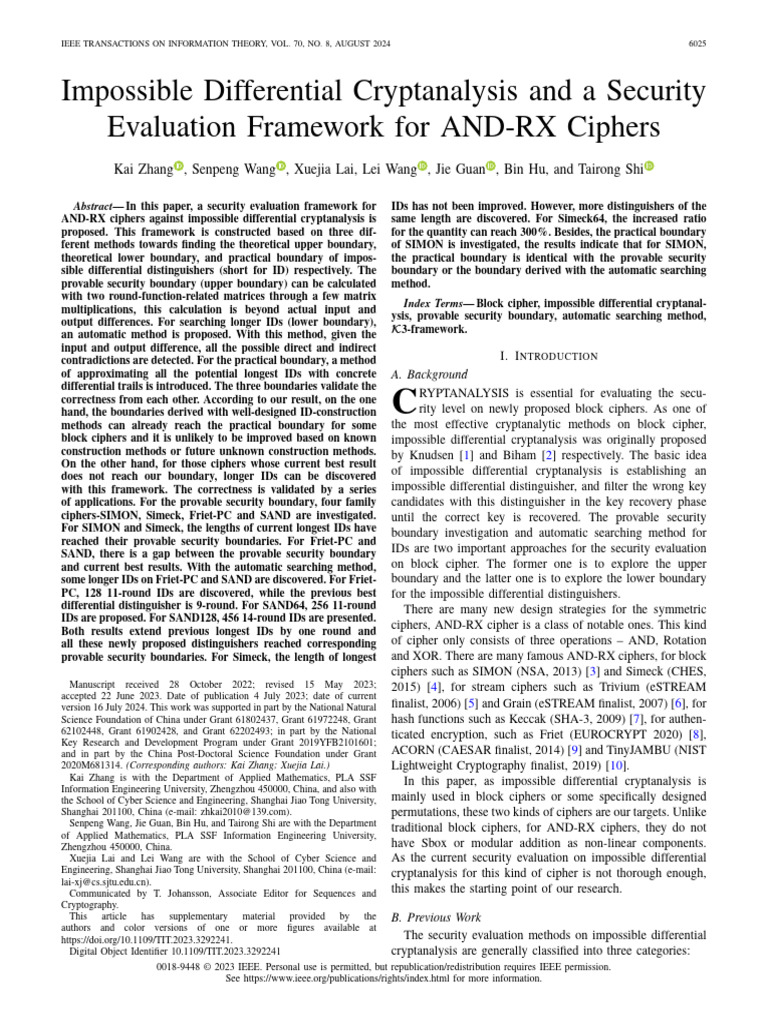 Impossible Differential Cryptanalysis and a Security Evaluation Framework for and-RX Ciphers ...