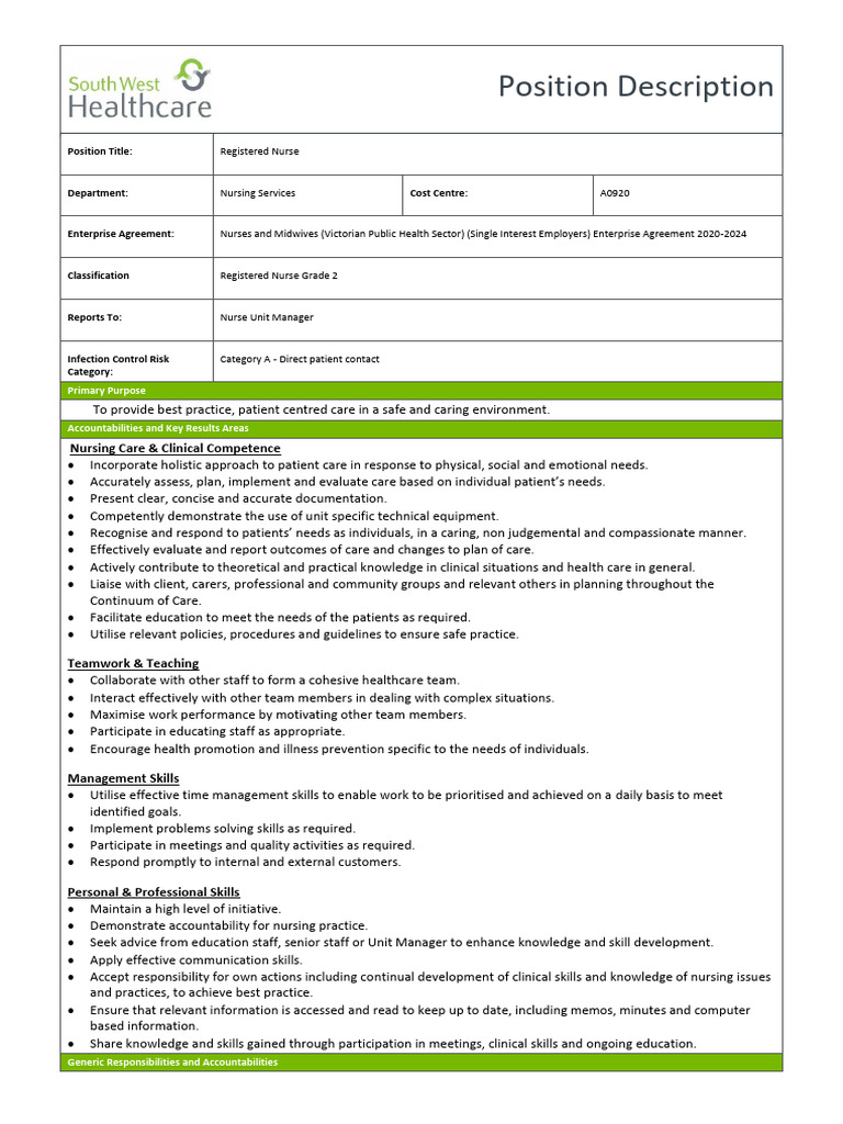 Position Description - Registered Nurse Medical Unit | PDF | Nursing ...