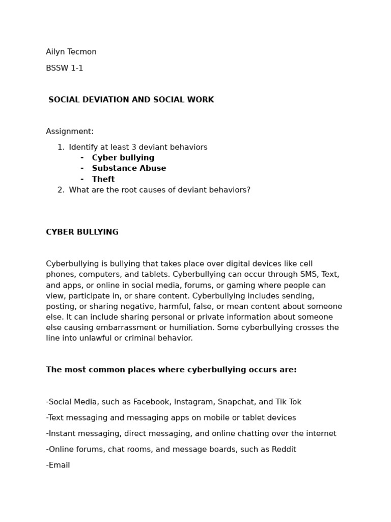 Understanding Deviant Behaviors in Social Work | PDF | Cyberbullying ...