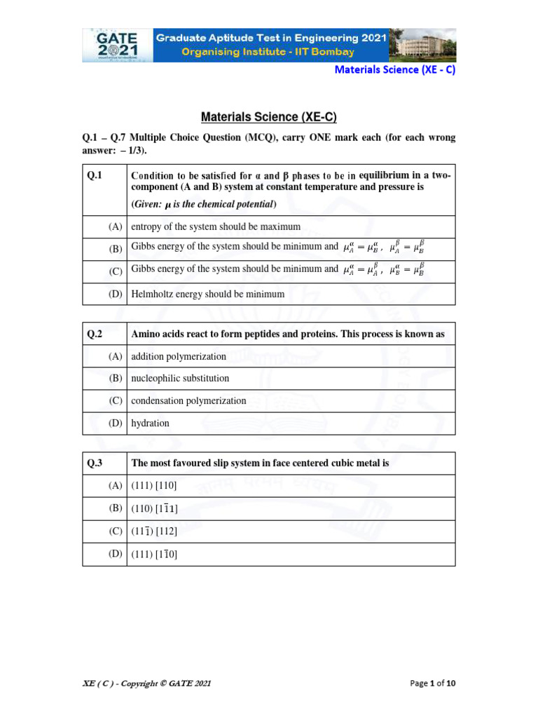 GATE Materials Science Paper 2021 | PDF | Heat Treating | Applied And ...