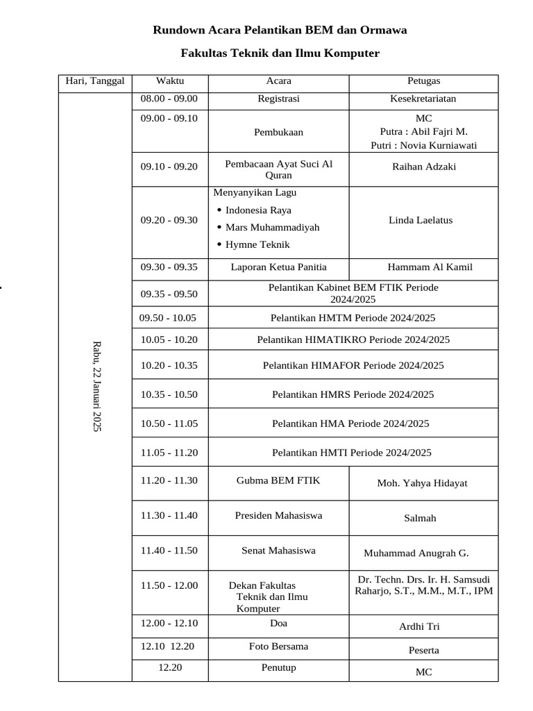 Rundown Acara Pelantikan Bem Ftik 2025-2 | PDF