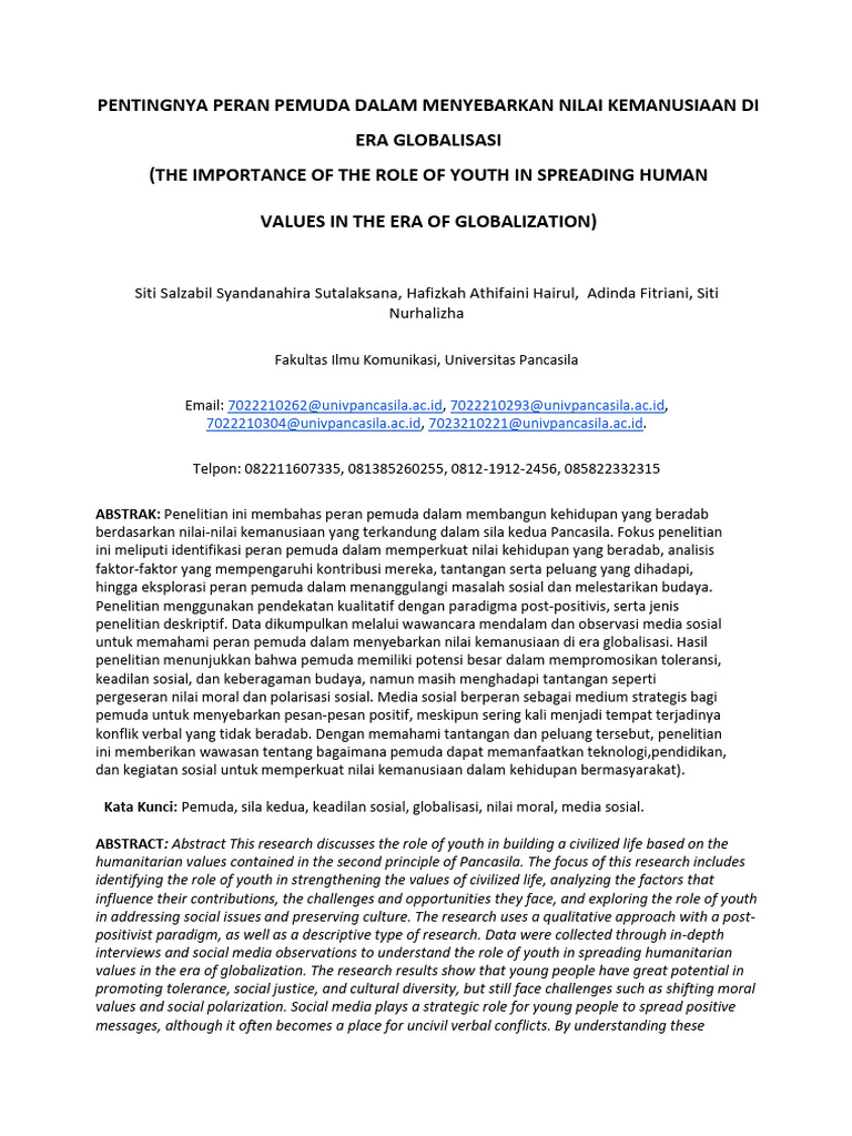 PENTINGNYA PERAN PEMUDA DALAM MENYEBARKAN NILAI KEMANUSIAAN DI ERA GLOBALISASI | PDF