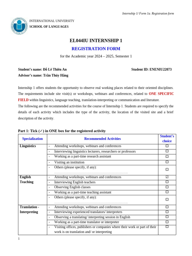 Internship 1 Registration Form 2024-2025 | PDF | Human Communication ...