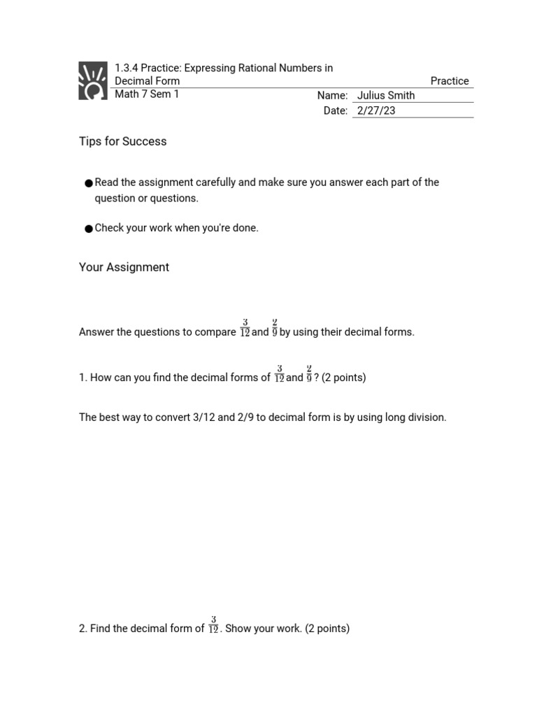 1.3.4 Practice - Expressing Rational Numbers in Decimal Form (Practice ...