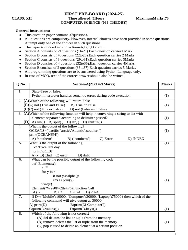Computer Science Class XII Pre-Board Exam 2024-25 | PDF | Databases | Table (Database)