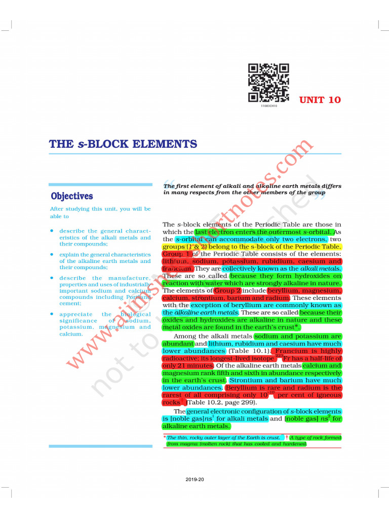 The S Block Elements Ncert Highlights Pdf