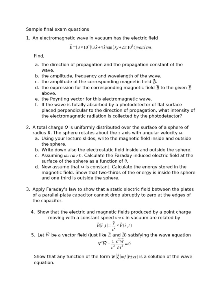 Sample Final Exam Questions | PDF | Waves | Magnetic Field