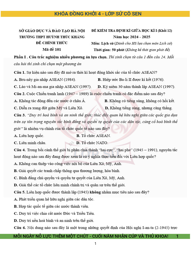 35 Đề Thi Lịch Sử Trường Tỉnh (Cô Sen) | PDF