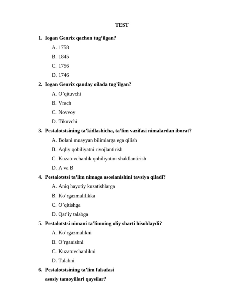 Iogann Genrix Pestalotstsining Pedagogik g'Oyalari | PDF