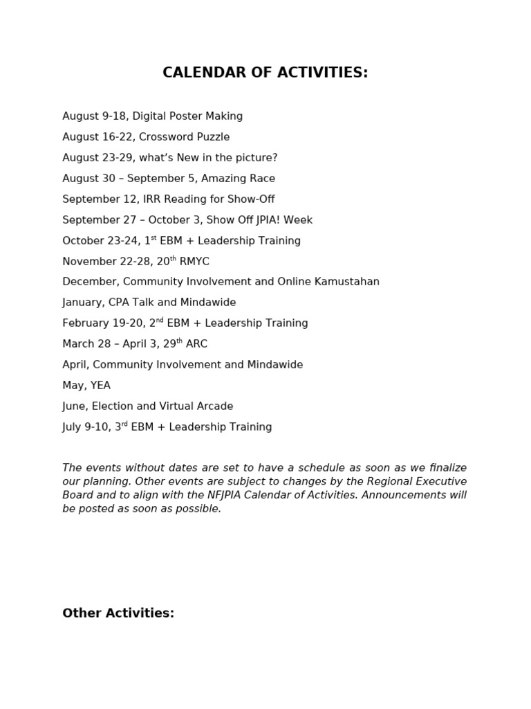 Proposed Calendar of Activities | PDF
