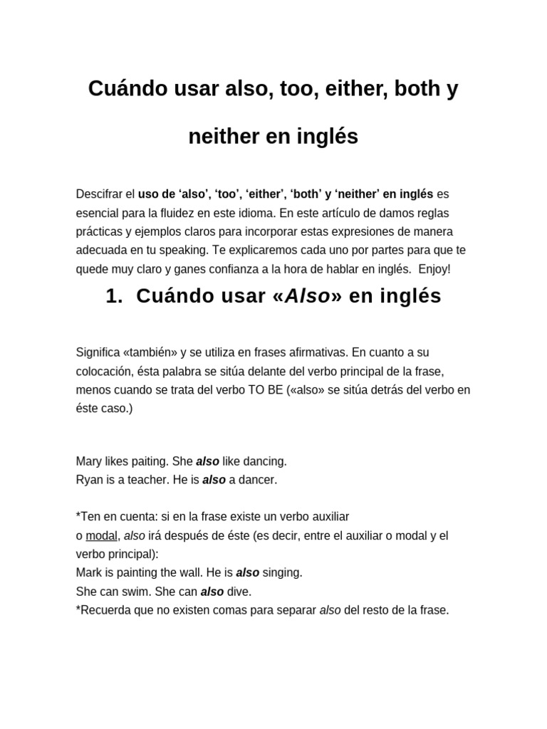 Uso de Also, Too, Either, Both y Neither | PDF | Plural | Sustantivo