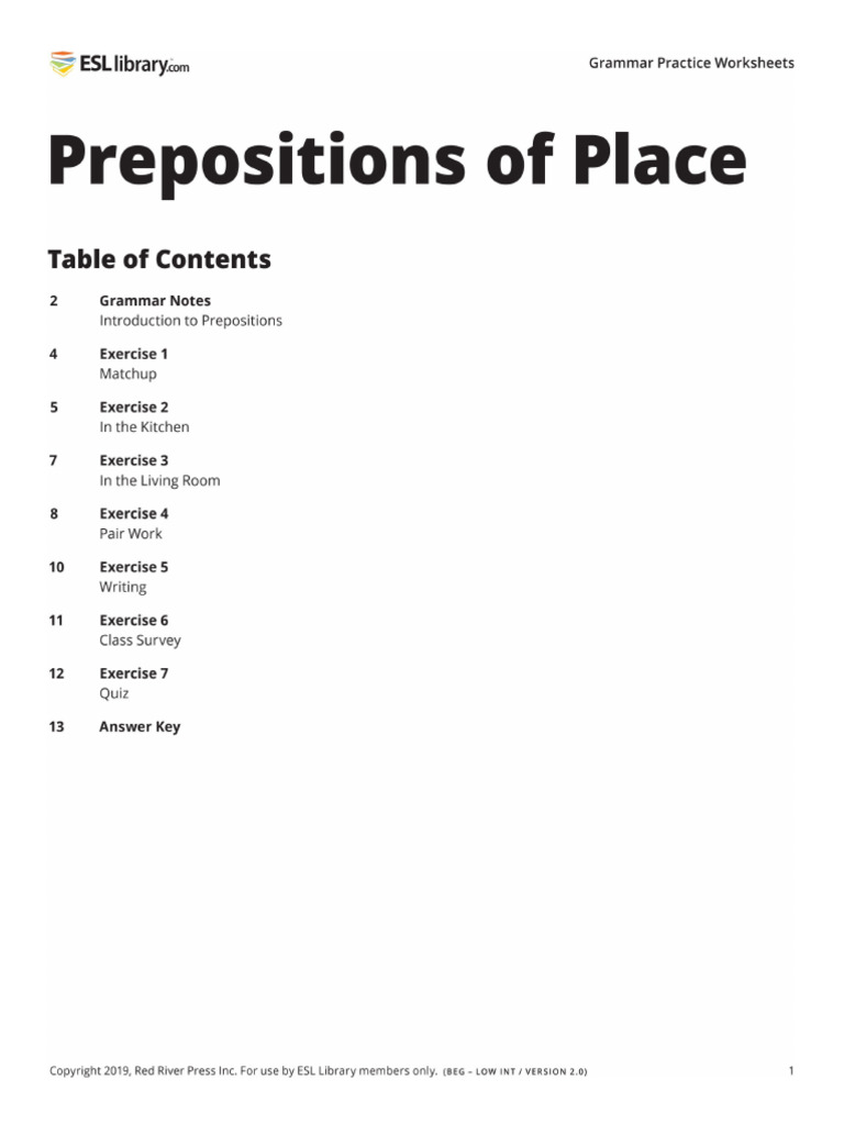 Prepositions of Place - Ellii Formerly ESL Library 1 | PDF