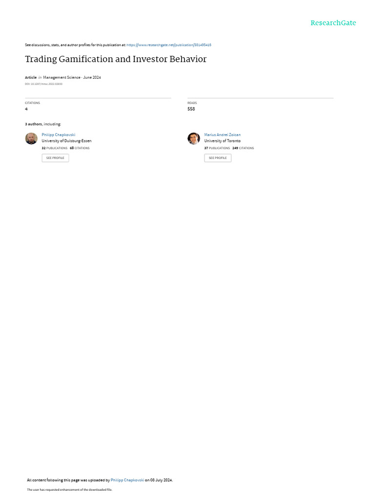 Chapkovski Et Al 2024 Trading Gamification and Investor Behavior | PDF | Stocks | Experiment